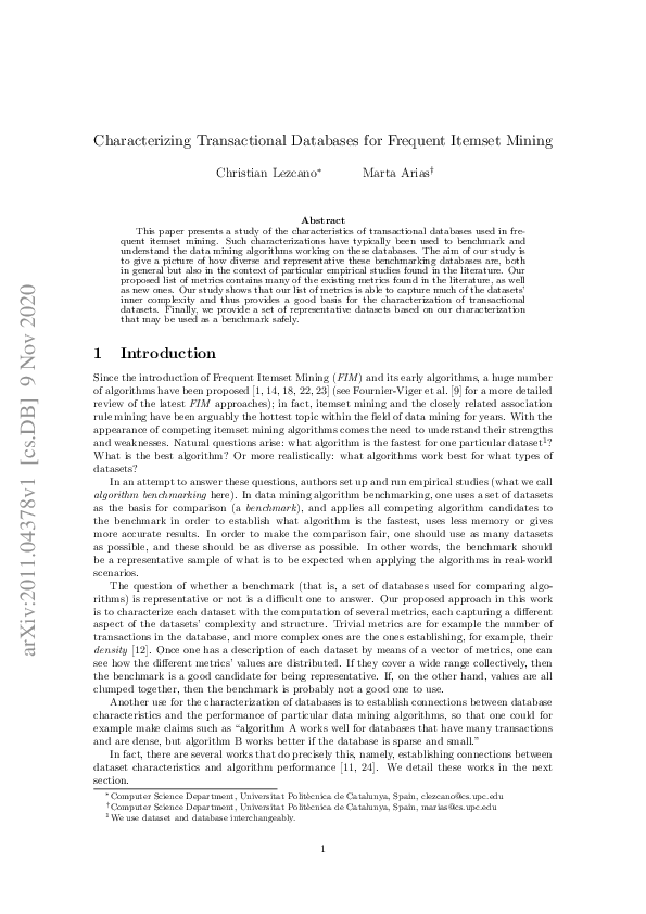 Pdf Characterizing Transactional Databases For Frequent Itemset Mining