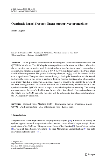 Pdf Quadratic Kernel Free Non Linear Support Vector Machine