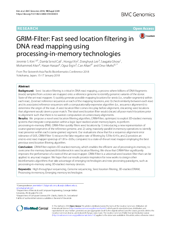 (PDF) GRIM-Filter: Fast seed location filtering in DNA read mapping using processing-in-memory ...