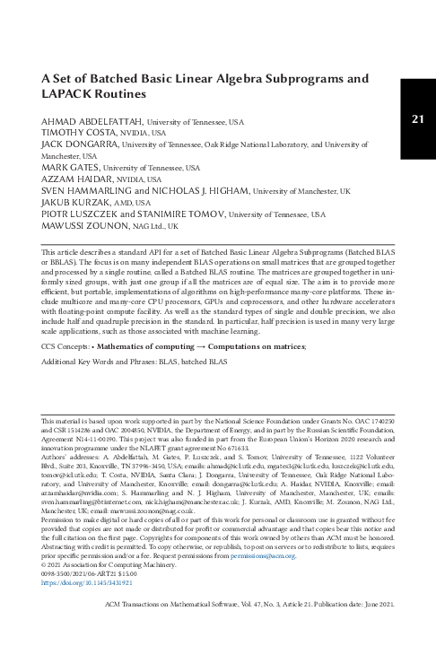 (PDF) A Set of Batched Basic Linear Algebra Subprograms and LAPACK Routines