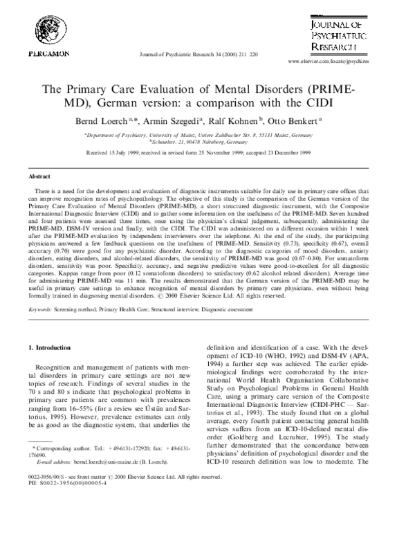 (PDF) The Primary Care Evaluation of Mental Disorders (PRIME-MD ...