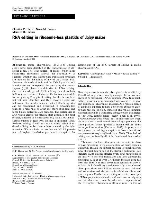 (PDF) RNA editing in ribosome-less plastids of iojap maize