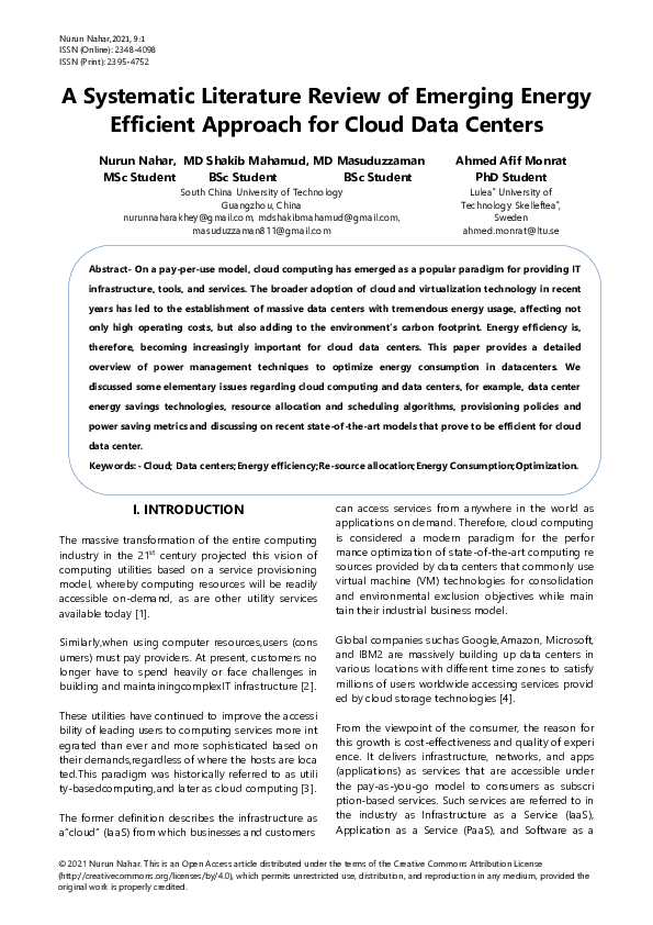 (PDF) A Systematic Literature Review of Emerging Energy Efficient Approach for Cloud Data Centers