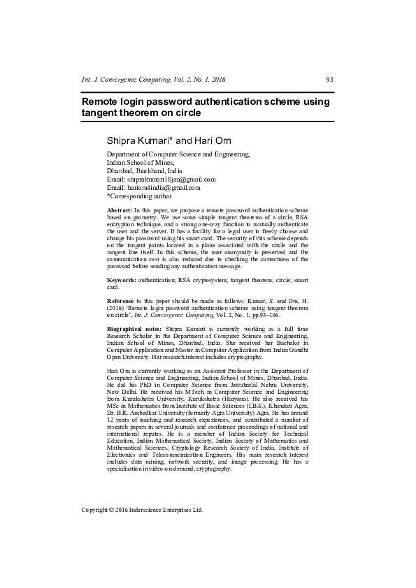 (PDF) A Remote Login Password Authentication Scheme Using Row Vector with Biometric