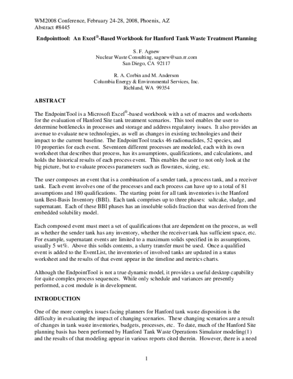 (PDF) Endpointtool: An Excel-Based Workbook for Hanford Tank Waste ...