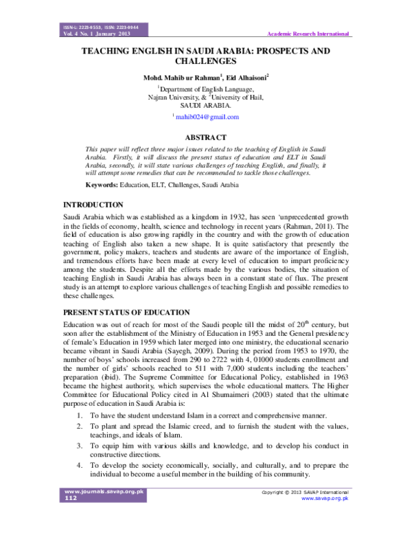 (PDF) Teaching English in Saudi Arabia: Prospects and Challenges