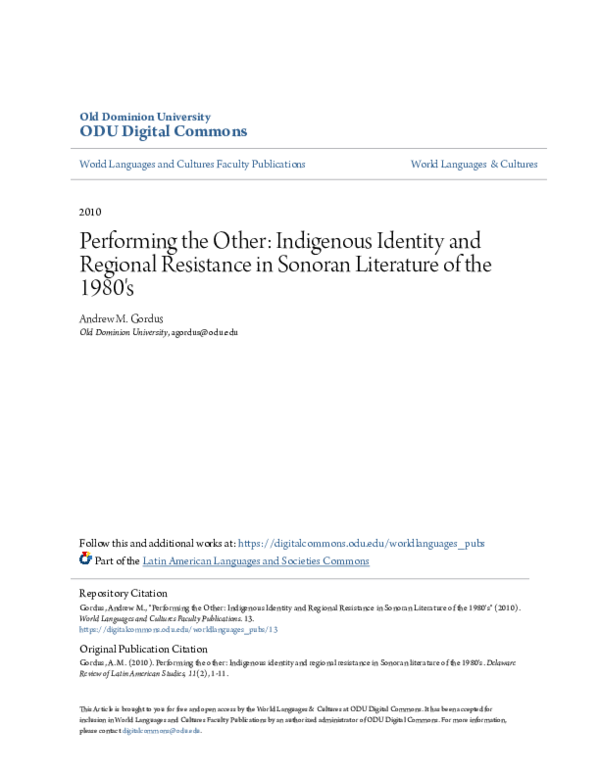 (PDF) Performing the Other: Indigenous Identity and Regional Resistance ...