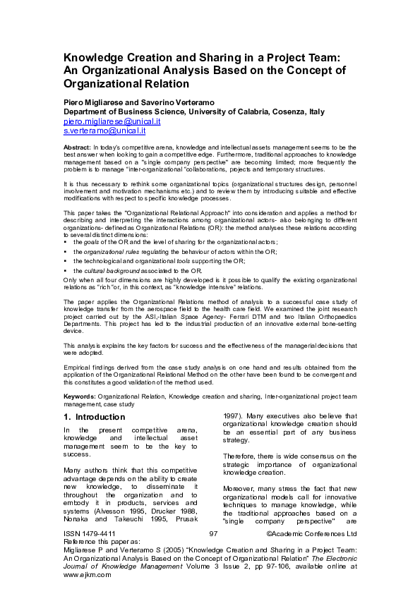 (PDF) Knowledge Creation and Sharing in a Project Team: An Organizational Analysis Based on the ...