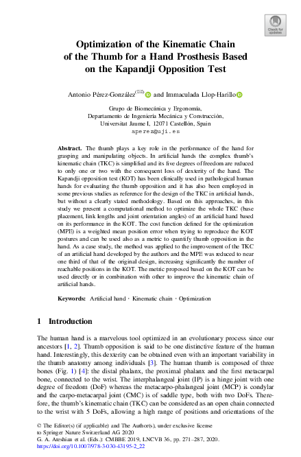 (PDF) Optimization of the Kinematic Chain of the Thumb for a Hand ...