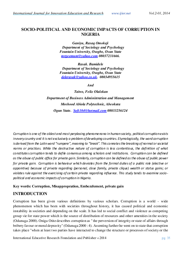 (PDF) Socio-Political and Economic Impacts of Corruption in Nigeria