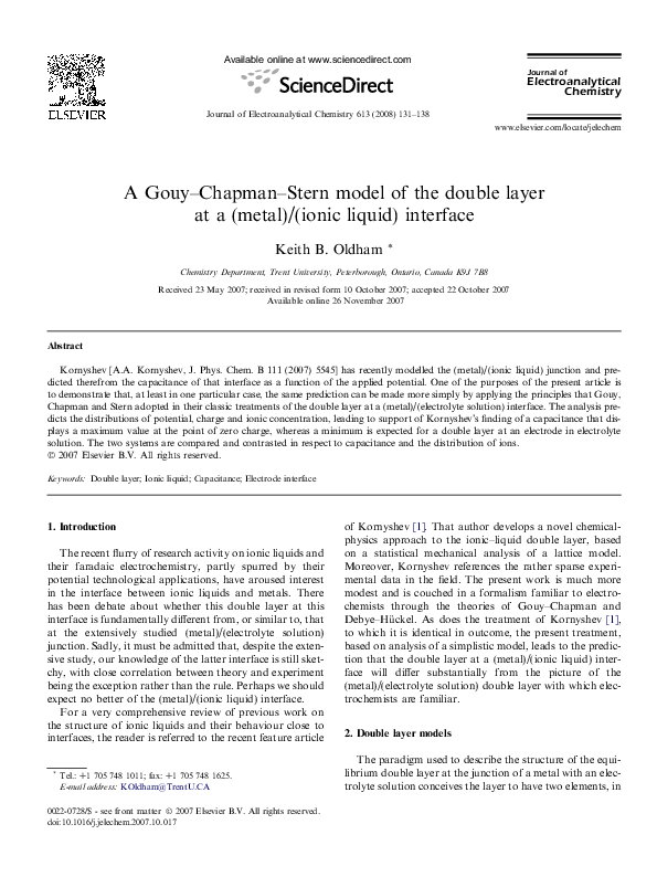 (PDF) A Gouy–Chapman–Stern model of the double layer at a (metal ...