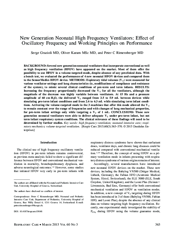 (PDF) New Generation Neonatal High Frequency Ventilators: Effect of ...