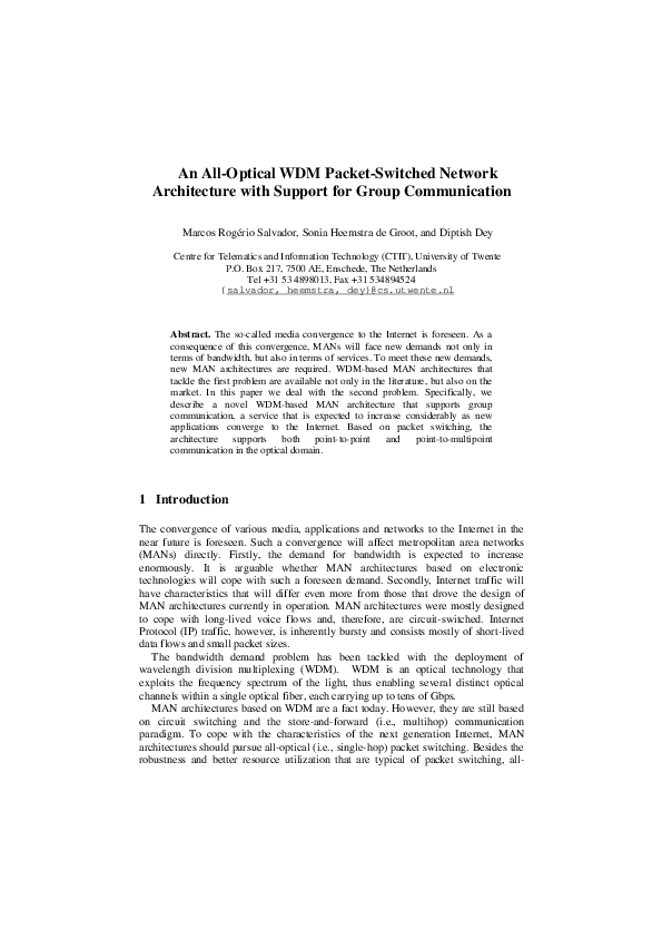(PDF) An all-optical WDM packet-switched network architecture with support for group communication