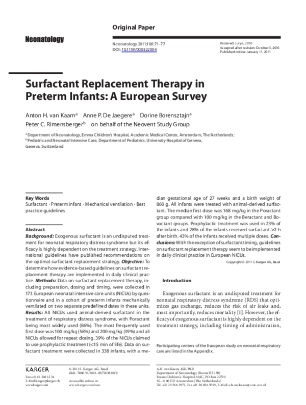 (PDF) Surfactant Replacement Therapy in Preterm Infants: A European Survey