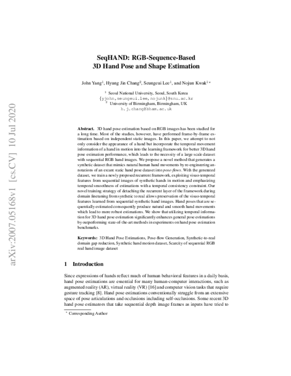 Pdf Seqhand Rgb Sequence Based 3d Hand Pose And Shape Estimation