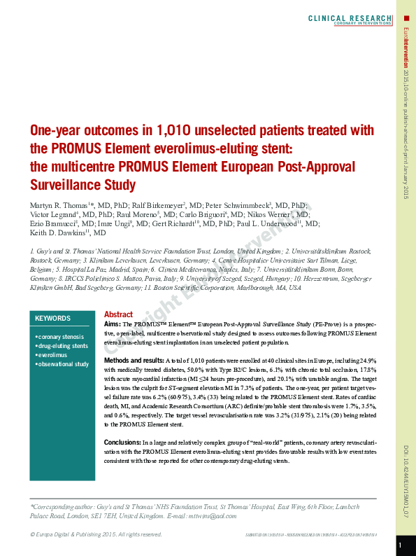 (PDF) One-year outcomes in 1,010 unselected patients treated with the ...