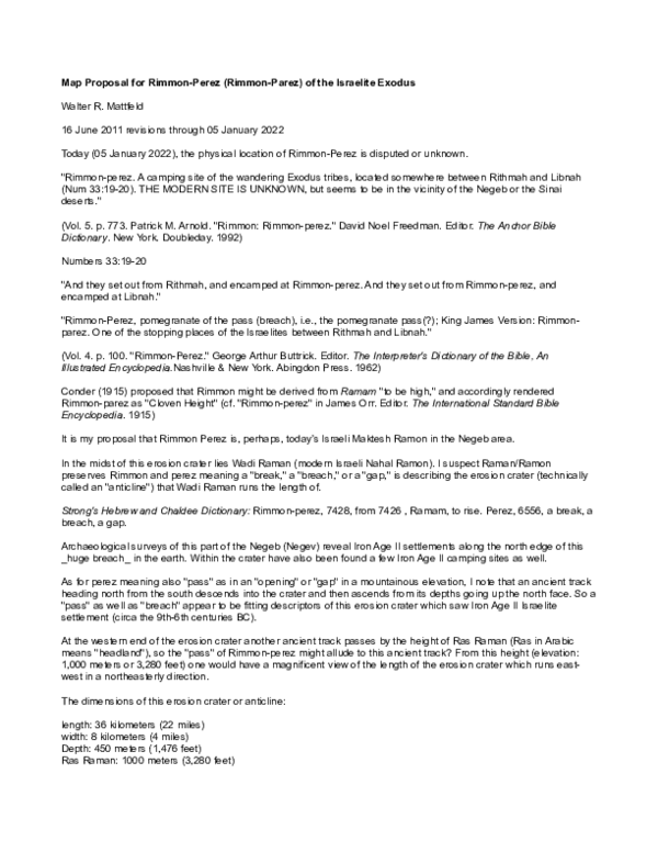 Map Proposal for Rimmon-Perez (Rimmon-Parez) of the Israelite Exodus