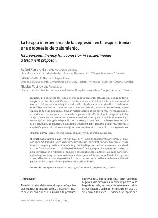 (PDF) La terapia interpersonal de la depresión en la esquizofrenia: una ...