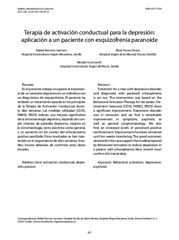 (PDF) Terapia de activación conductual para la depresión: aplicación a ...