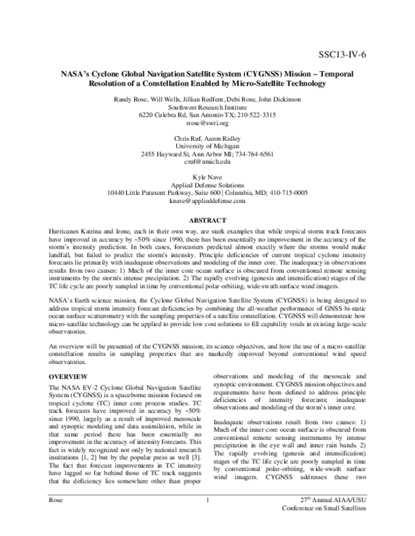 (PDF) NASA’s Cyclone Global Navigation Satellite System (CYGNSS ...