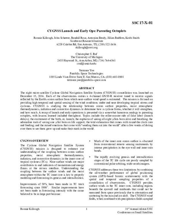 (PDF) CYGNSS Launch and Early Ops: Parenting Octuplets