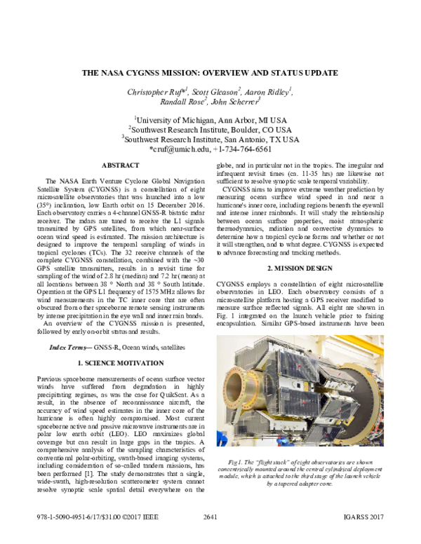 (PDF) The nasa cygnss mission: Overview and status update