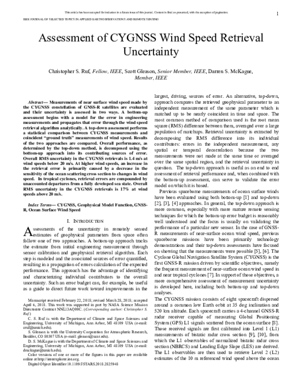 (PDF) Assessment of CYGNSS Wind Speed Retrieval Uncertainty