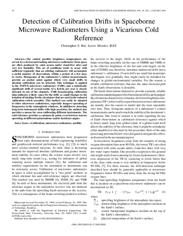 Pdf Detection Of Calibration Drifts In Spaceborne Microwave Radiometers Using A Vicarious Cold
