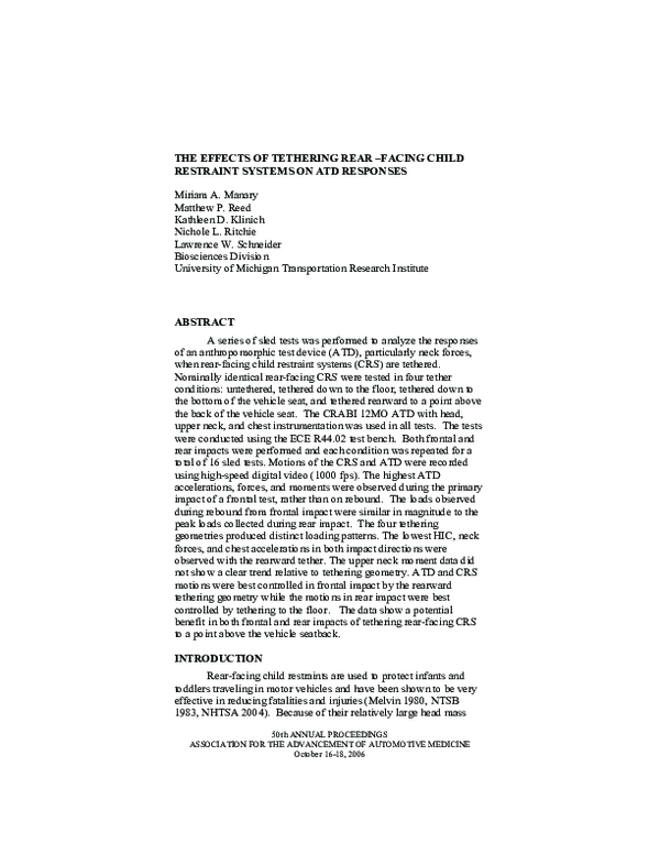 (PDF) The Effects of Tethering Rear Facing Child Restraint Systems on ...