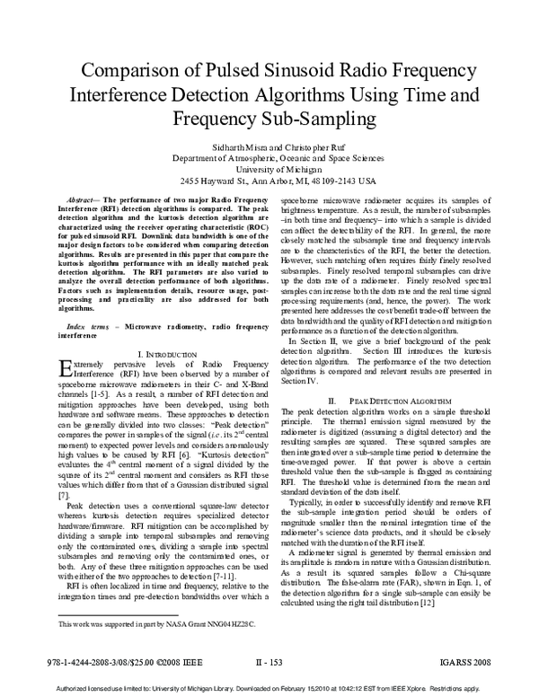 Pdf Comparison Of Pulsed Sinusoid Radio Frequency Interference Detection Algorithms Using Time 8247