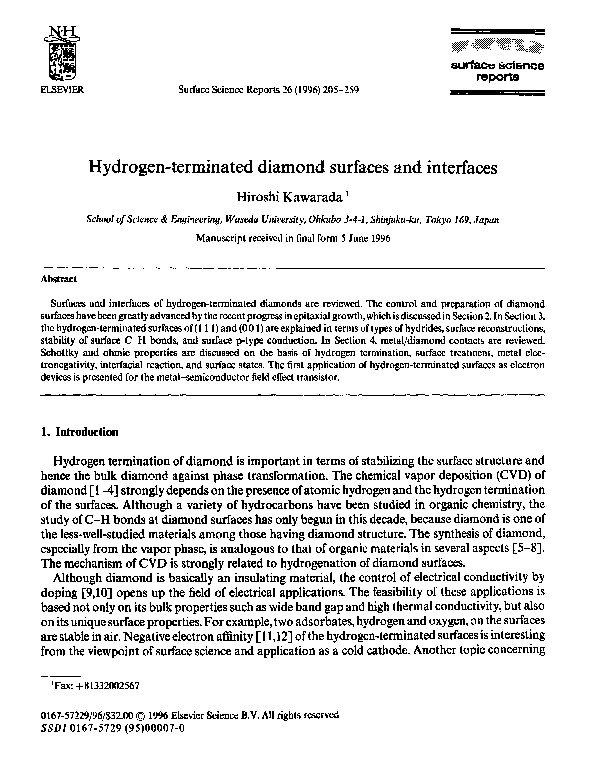 (PDF) Hydrogen-terminated diamond surfaces and interfaces