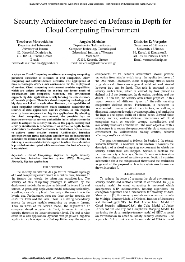 (PDF) Security Architecture based on Defense in Depth for Cloud ...