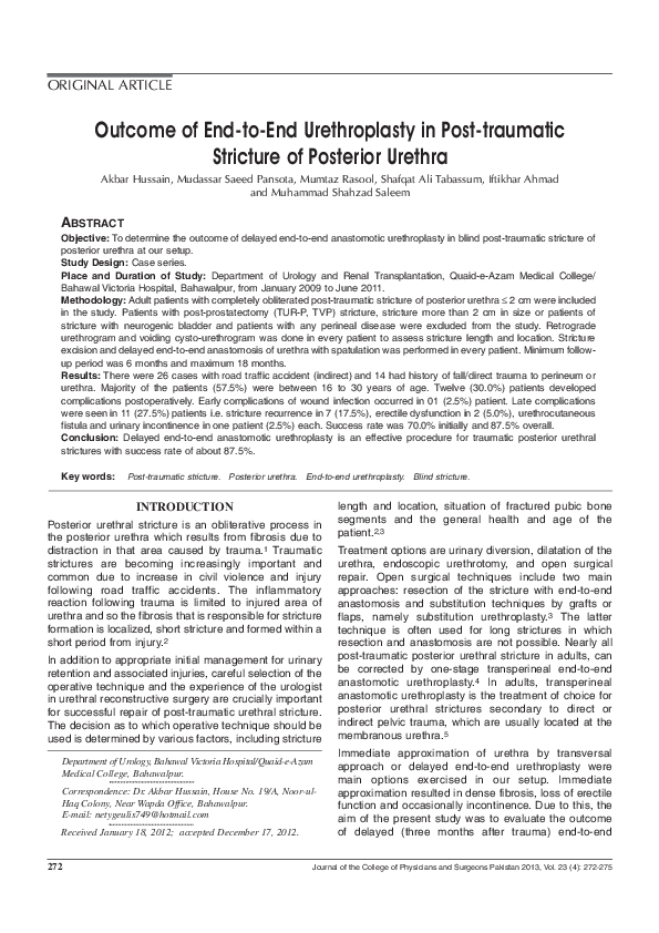 (PDF) Outcome of End-to-End Urethroplasty in Post-traumatic Stricture ...