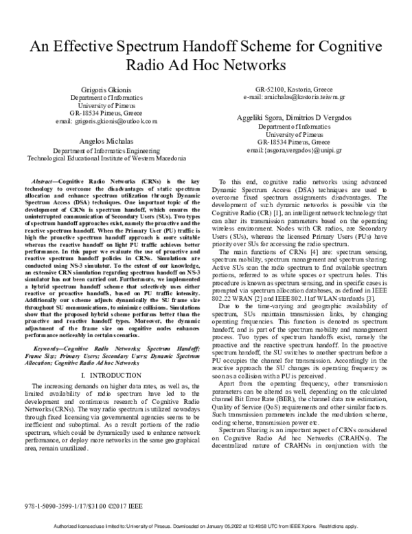 (PDF) An effective spectrum handoff scheme for Cognitive Radio Ad hoc Networks