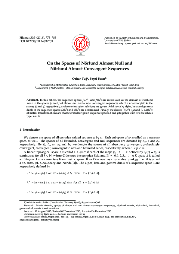 (PDF) On the Spaces of Nörlund Almost Null and Nörlund Almost Convergent Sequences