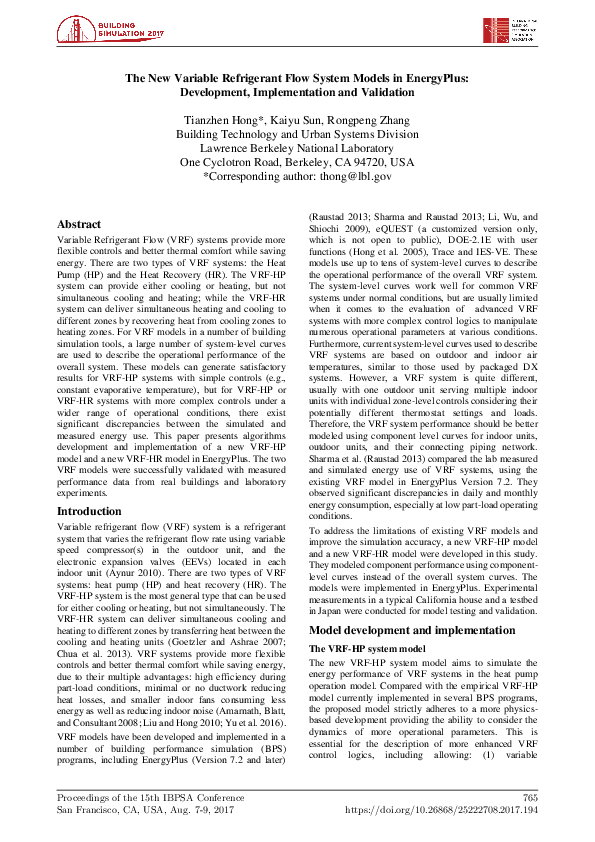 (PDF) The New Variable Refrigerant Flow System Models in EnergyPlus : Development ...