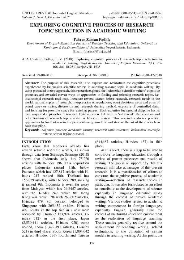 (PDF) Exploring Cognitive Process of Research Topic Selection in Academic Writing