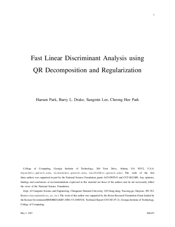 (PDF) Fast Linear Discriminant Analysis using QR Decomposition and Regularization