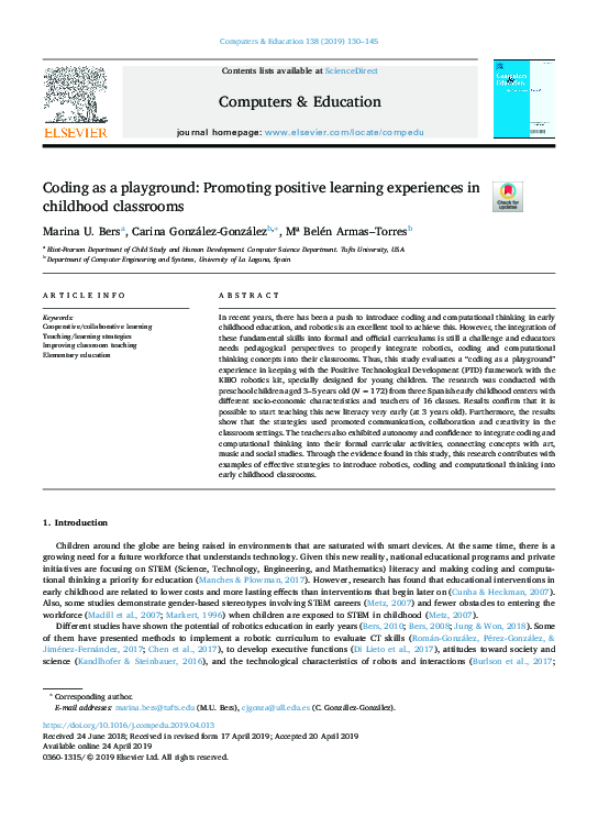 (PDF) Coding as a playground: Promoting positive learning experiences in childhood classrooms