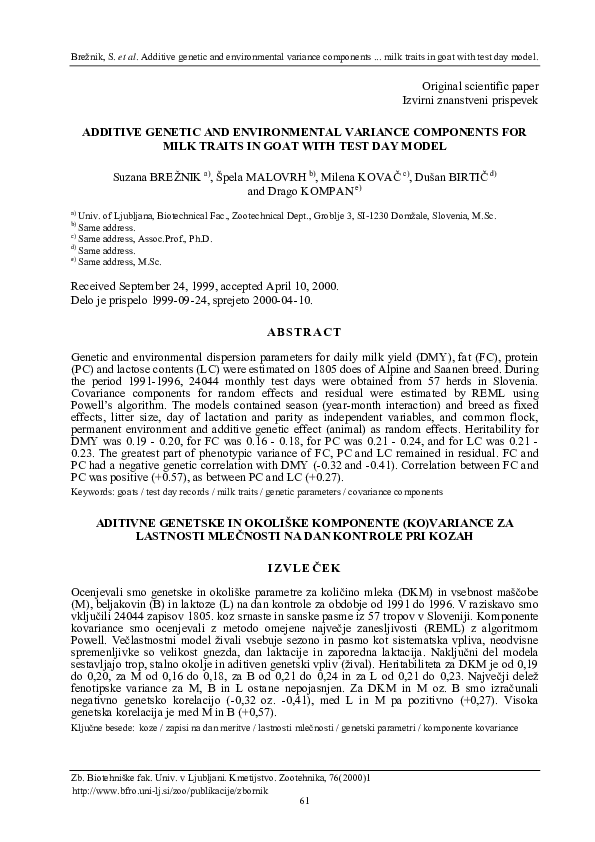 (PDF) Additive Genetic and Environmental Variance Components for Milk ...