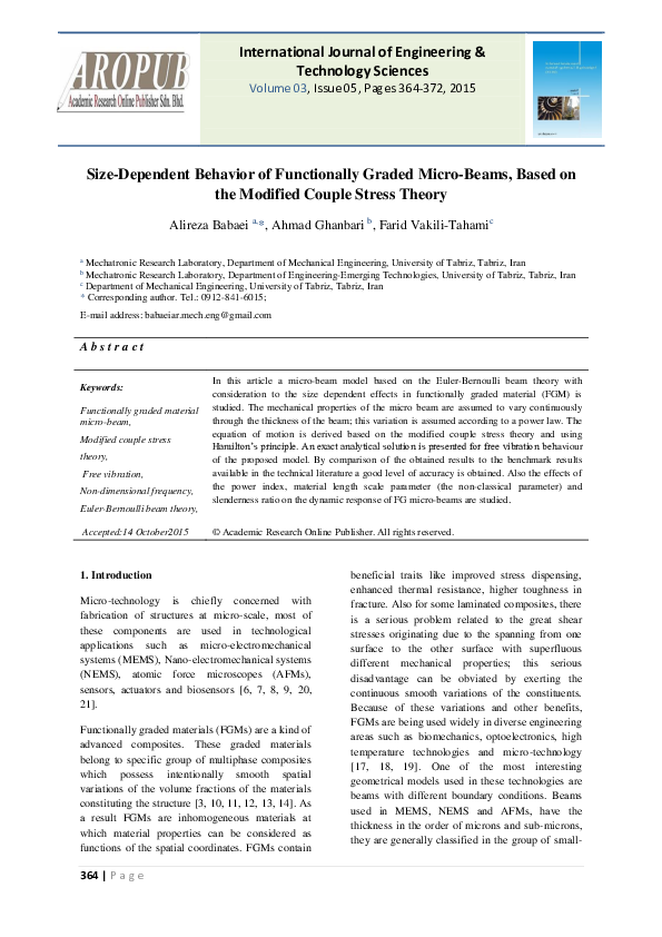 (PDF) Size-Dependent Behavior of Functionally Graded Micro-Beams, Based on the Modified Couple ...