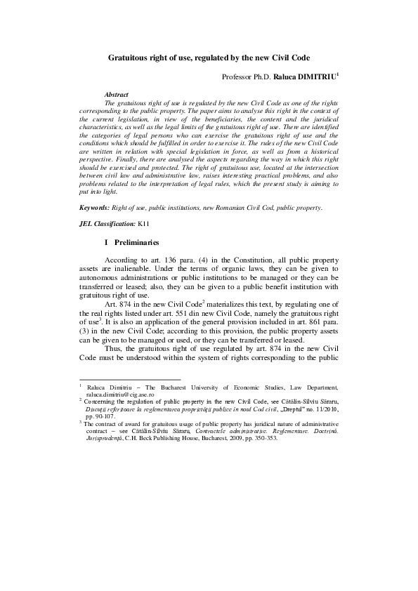 (PDF) Gratuitous right of use, regulated by the new Civil Code