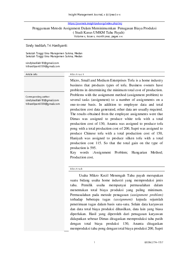 (PDF) Penggunaan Metode Assignment Dalam Meminimumkan Penugasan Biaya ...
