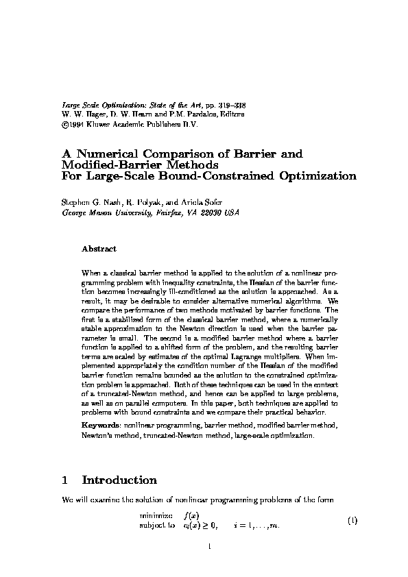 (PDF) A numerical comparison of barrier and modified-barrier methods for large-scale bound ...