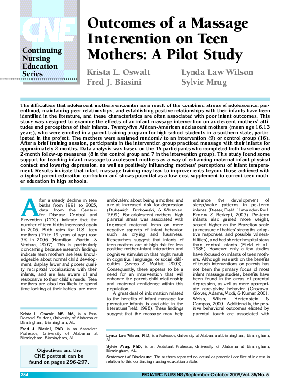 Pdf Outcomes Of A Massage Therapy Intervention On Teen Mothers A