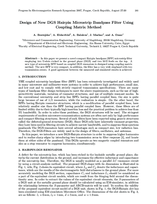 (PDF) Design of New DGS Hairpin Microstrip Bandpass Filter Using Coupling Matrix Method