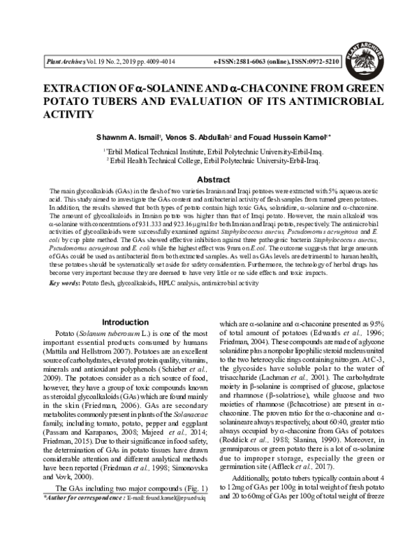 (PDF) Extraction of -Solanine and -Chaconine from Green Potato Tubers ...