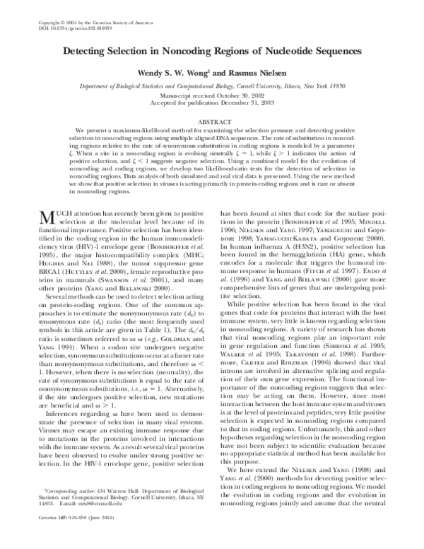 (PDF) Detecting Selection in Noncoding Regions of Nucleotide Sequences