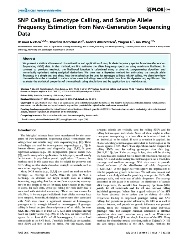 (PDF) SNP Calling, Genotype Calling, and Sample Allele Frequency Estimation from New-Generation ...
