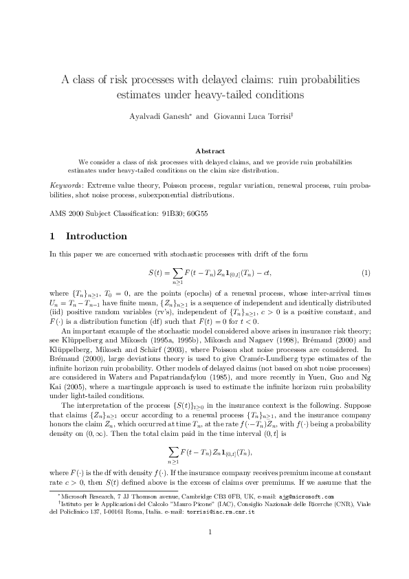 (PDF) A class of risk processes with delayed claims: ruin probability ...